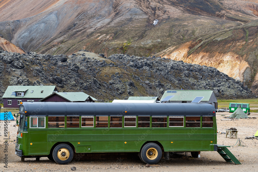 Camp and school bus in the Landmannalaugar park in Iceland Stock Photo ...