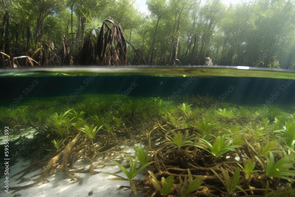brackish water environment with mix of aquatic plants, including ...