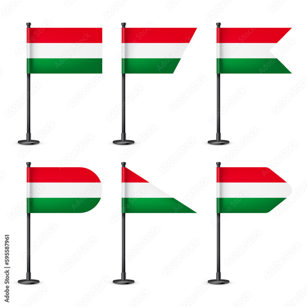 Realistic various Hungarian table flags on a black steel pole. Souvenir ...