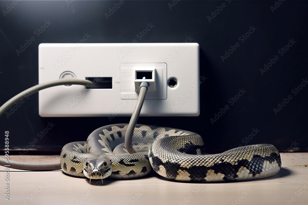 Snake next to a plug socket representing danger. AI generated content ...
