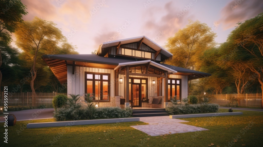 Bungalow exterior house design in daytime golden hour generative ai ...