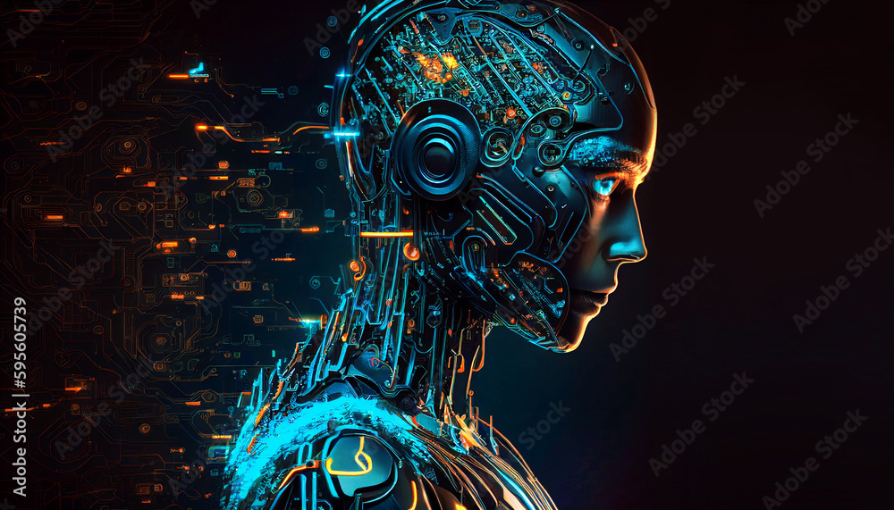 AI Artificial intelligence humanoid side portrait view with blue and ...