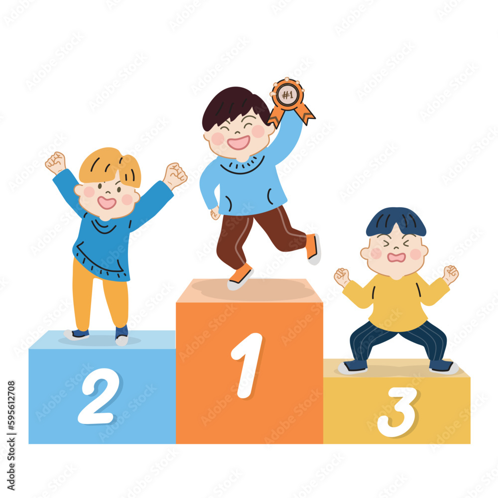 Happy cute kids standing on competition winner podium.Cartoon hand ...
