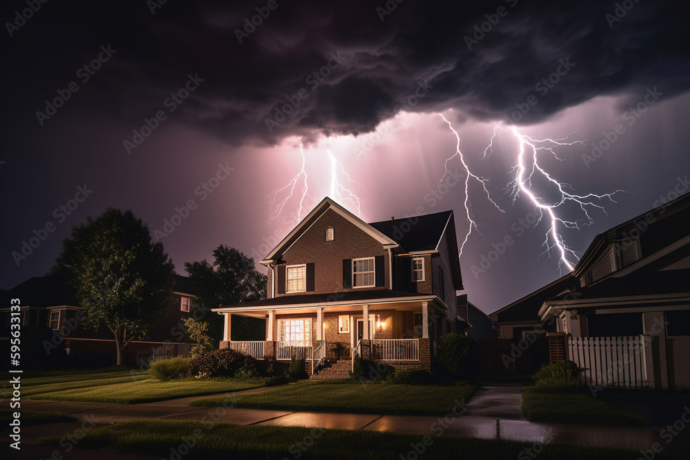 Lightning storm illuminating the skies over a suburban home Stock ...