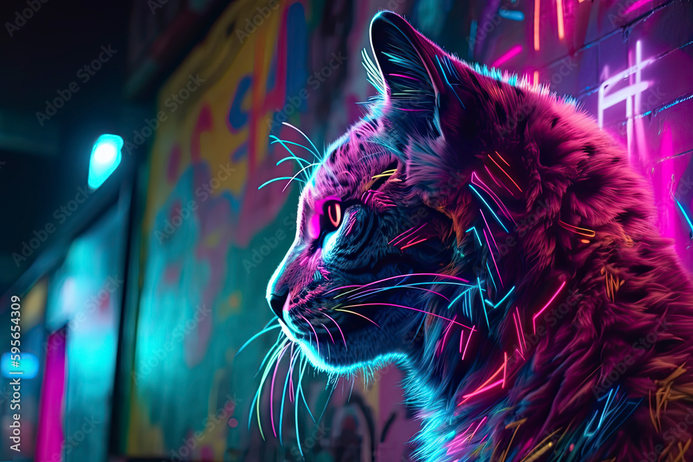 neon graffiti art, close-up, cyberpunk bobcat, futuristic and edgy ...