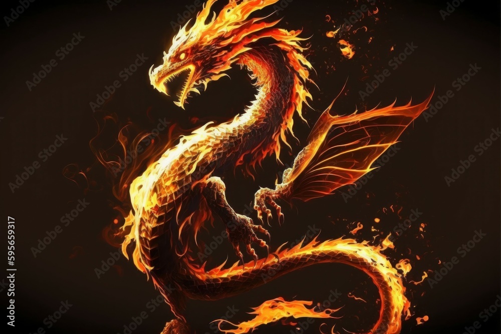 Dragon from fire on black background. Dragon drawn by fire. Flame with ...