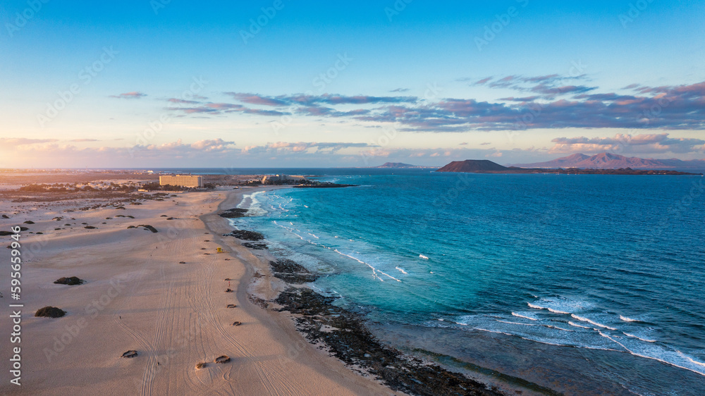 Aerial view of beach in Corralejo Park, Fuerteventura, Canary Islands ...