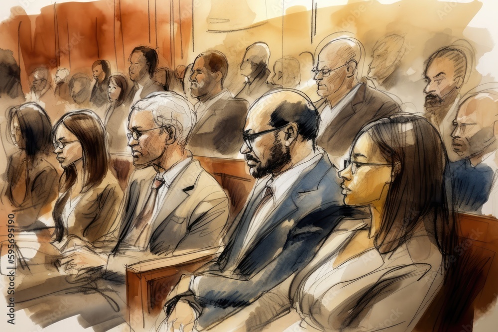 Illustration of a jury sitting in a courtroom, waiting to deliver a ...