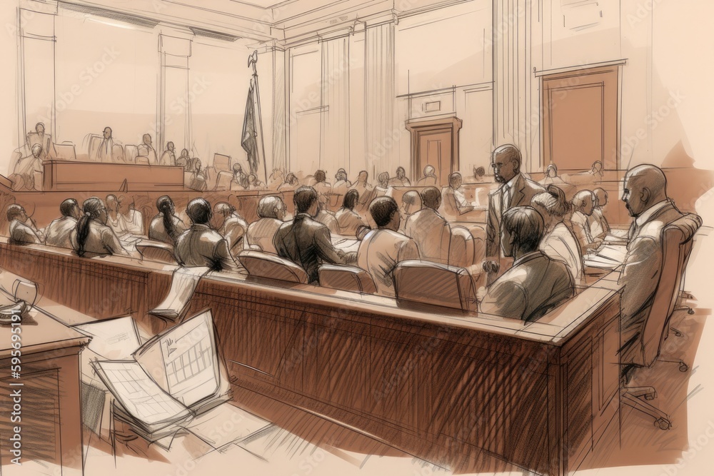 Illustration of a jury sitting in a courtroom, waiting to deliver a ...
