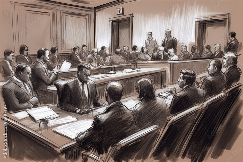 Illustration of a jury sitting in a courtroom, waiting to deliver a ...
