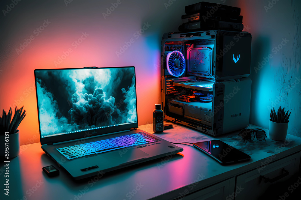 Laptop, gaming setup with leds rgb and a beautiful design. Stock ...