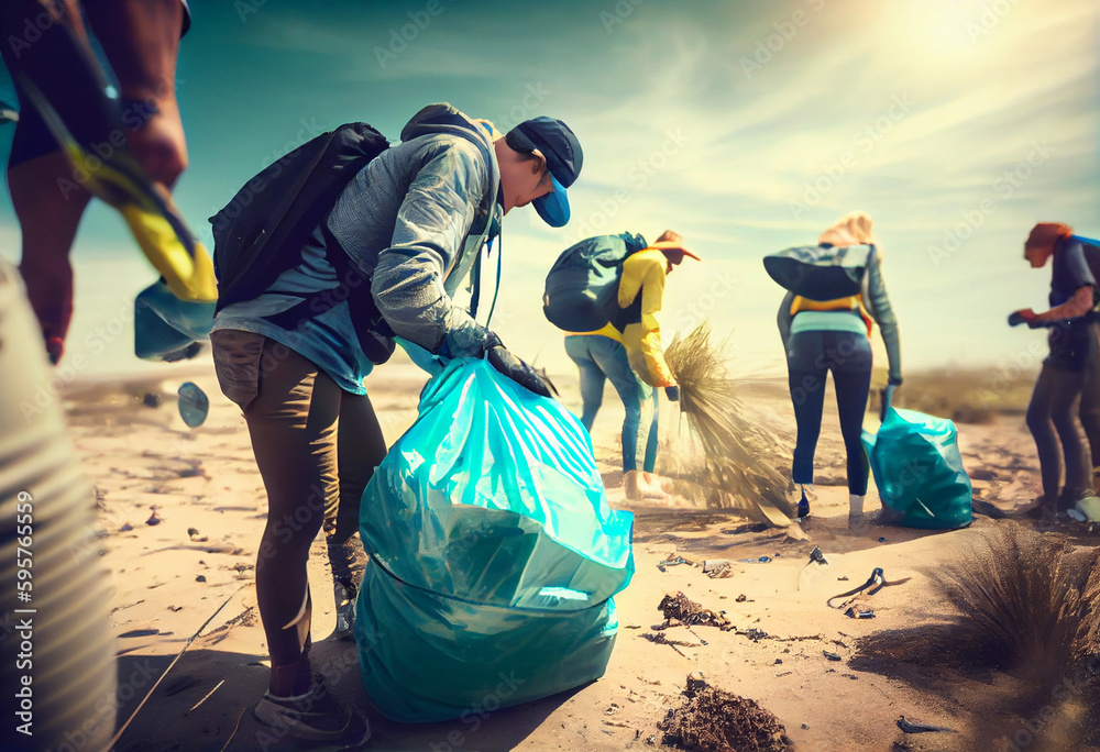 Group of eco volunteers picking up plastic trash on the beach ...