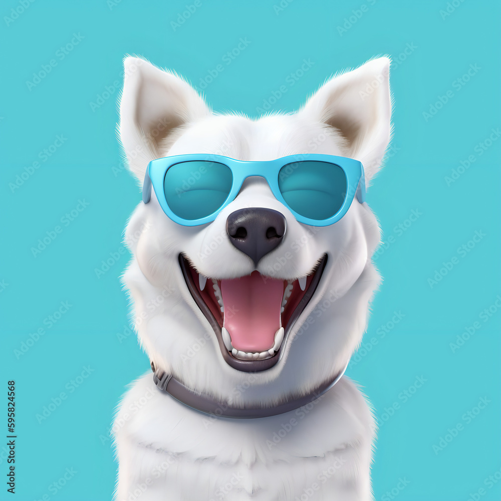 Cool white dog wearing light blue sunglasses and a colar laughing and ...