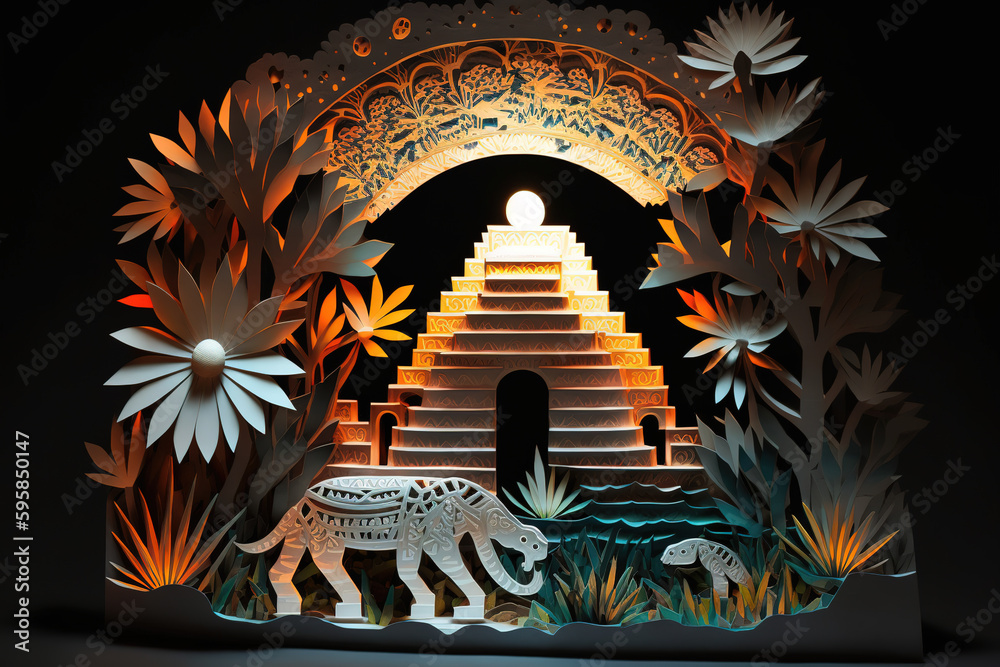 Chichen Itza papercut craft art. 3D Papercut paper art craft color ...