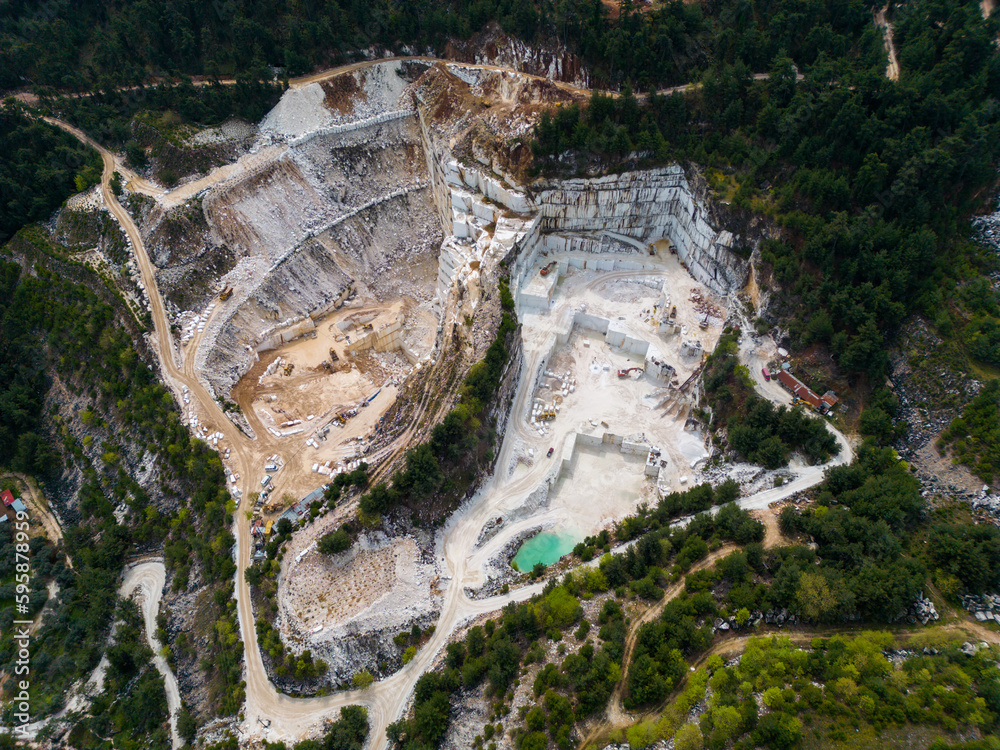 An aerial view of the Thassos Island quarry showcases the breathtaking ...