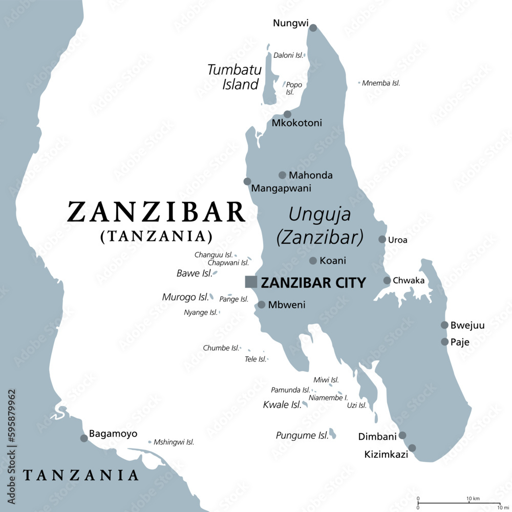 Zanzibar Island, Unguja, Tanzania, gray political map. Largest, most ...
