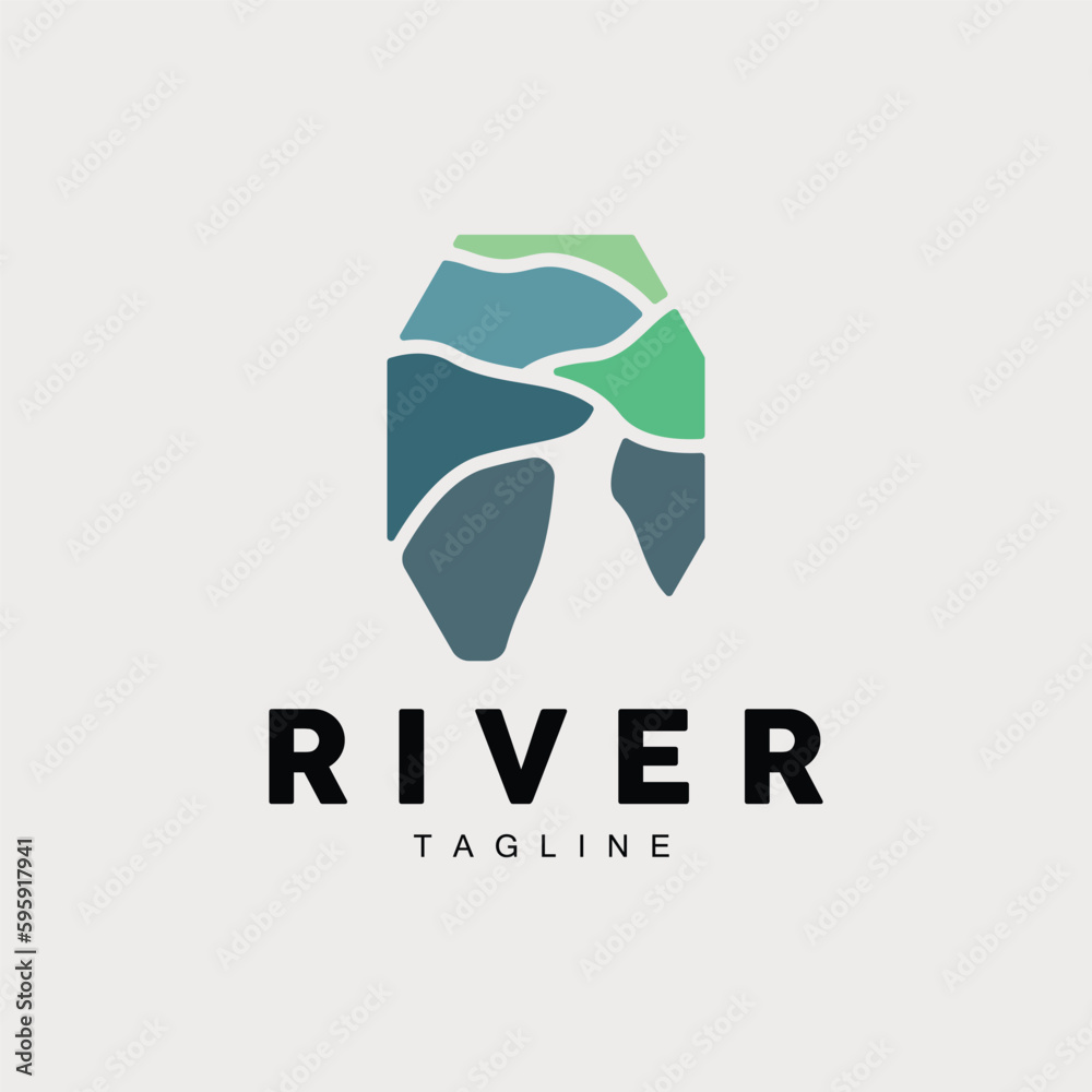 River Logo, Streamer Vector, River Bank, Mountains And Farm Design ...