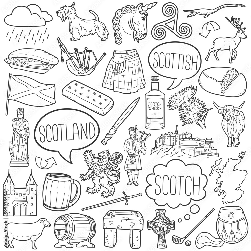 Scotland, Doodle Icons. Hand Made Line Art. Scottish Highlands Clipart ...