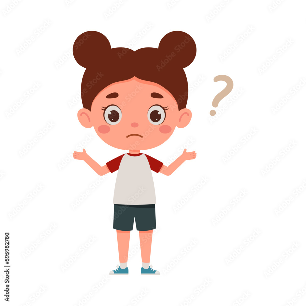 Cute little kid girl confused with question mark. Cartoon schoolgirl ...