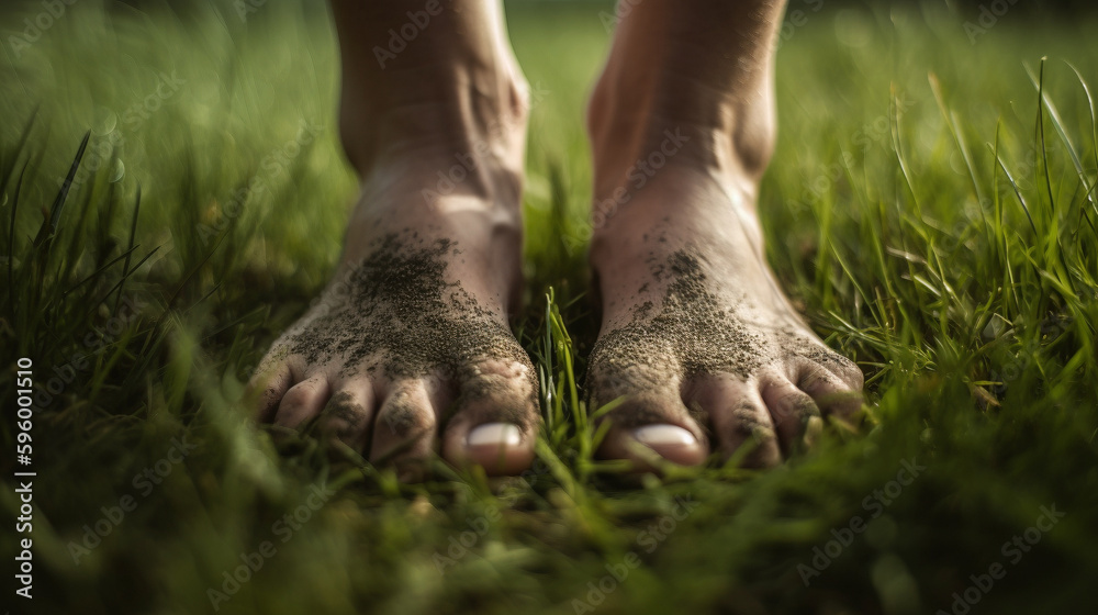 Person practices earthing by walking barefoot on grass or soil, with a ...