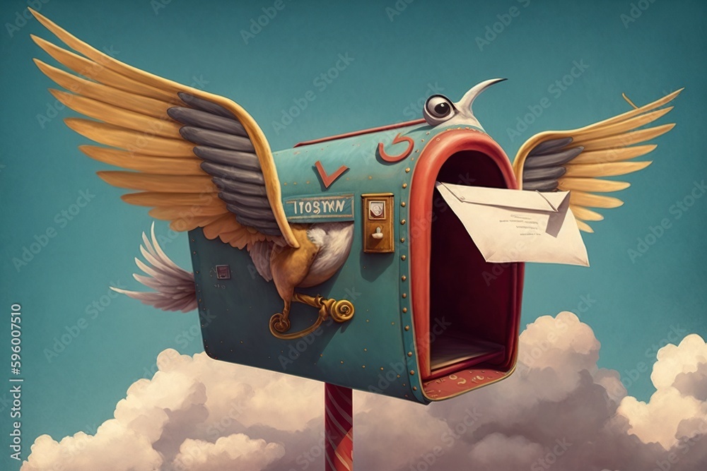Mailbox with wings flying through the sky delivering letters, concept ...