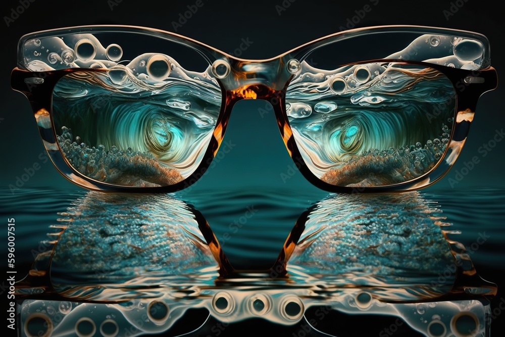 Pair of eyeglasses with lenses made of water creating a distortion ...