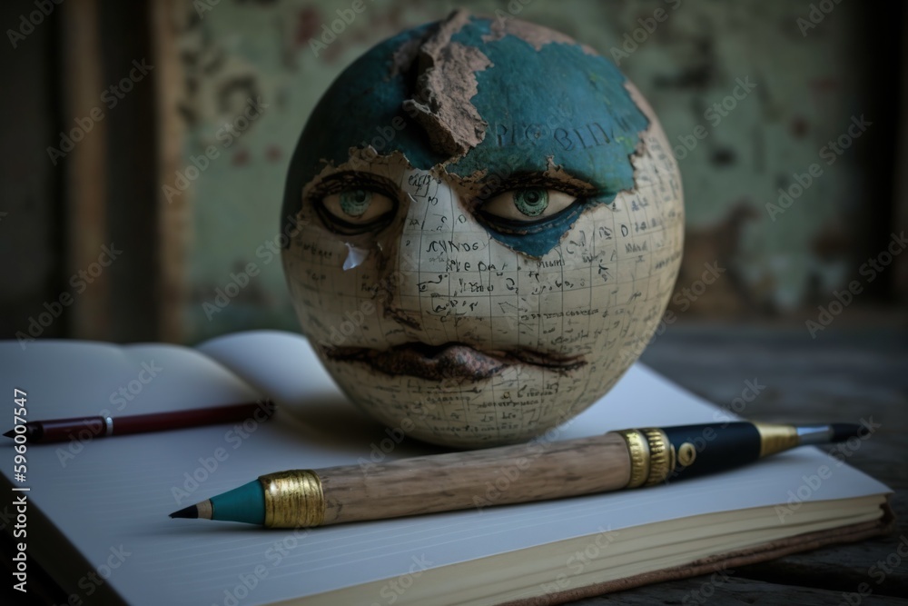 Globe with a human face holding a pencil and writing in a journal ...