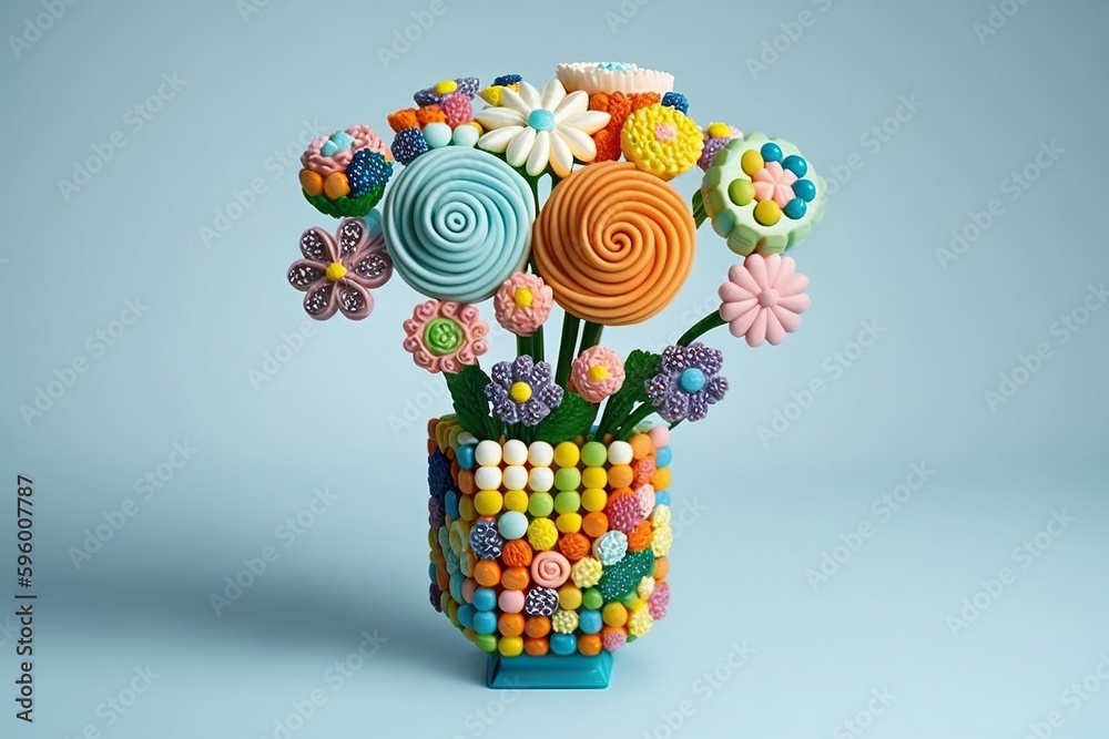 Vase with a flower arrangement made entirely out of candy, concept of ...