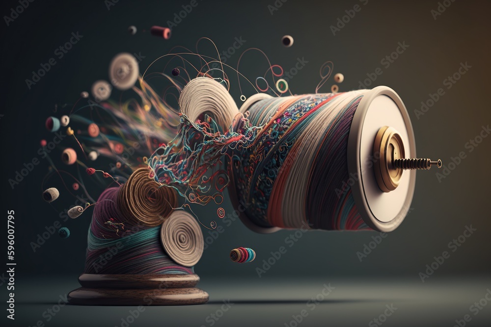 Spool of thread unraveling itself with threads forming intricate ...