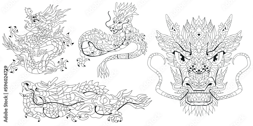 Zentangle dragons. Hand drawn decorative vector illustration for ...