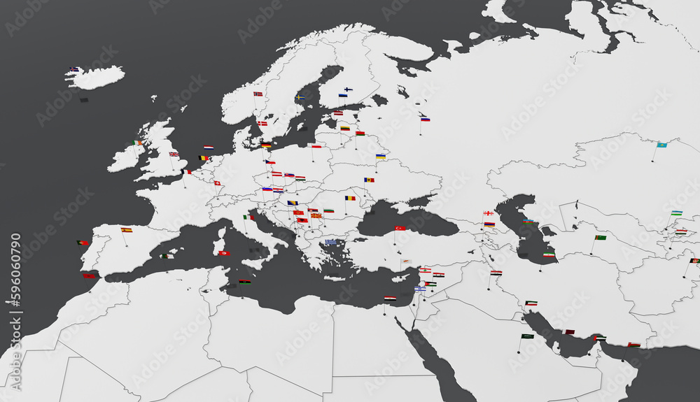 Europe map with countries flags. 3d map of Europe with borders on the ...