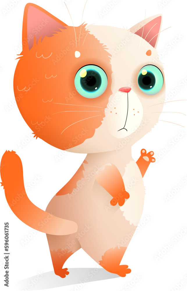 Puss, the cute and furry red baby kitten waves Hi. Adorable domestic ...