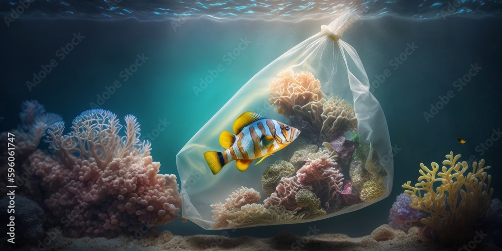 tropical fish swimming with plastic bag. Underwater animals damaged by ...