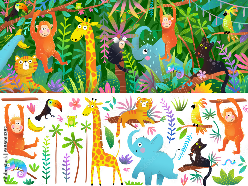 Cute zoo animals in African exotic jungle clip art cartoon for kids ...