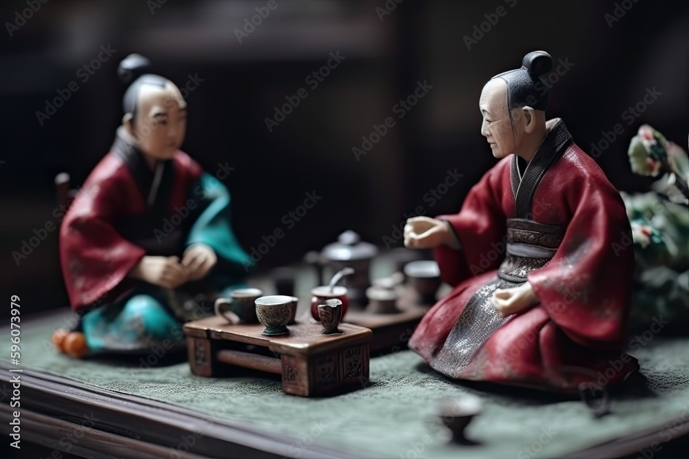 Miniature tea ceremony. Small diorama of Chinese people in ancient ...