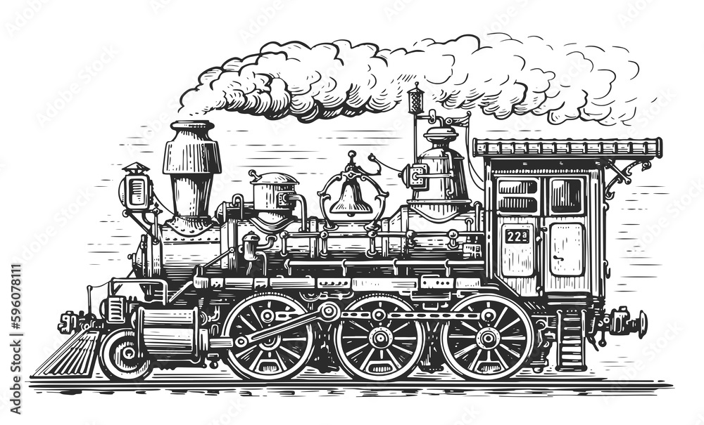 Retro train in style of vintage engraving. Hand-drawn steam locomotive. Railway transport sketch ...