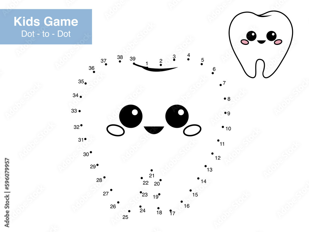 Dot to dot game. Funny kawaii tooth. Dental educational numbers game ...
