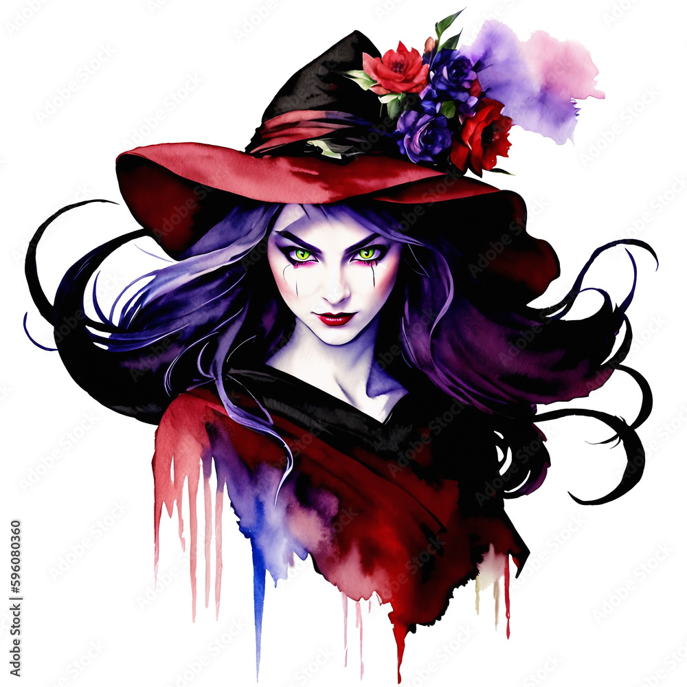 Watercolor Halloween witch portrait in hat illustration in png format ...