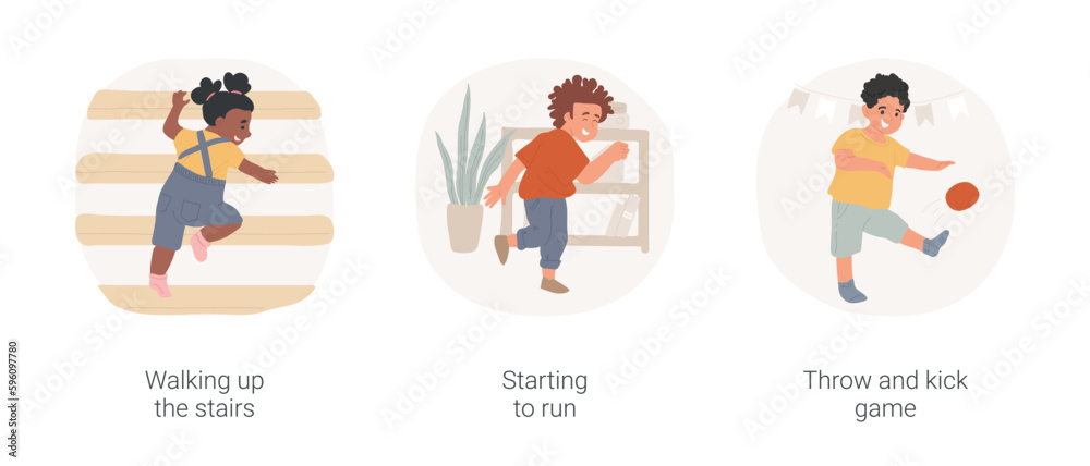 Toddler physical skills isolated cartoon vector illustration set ...