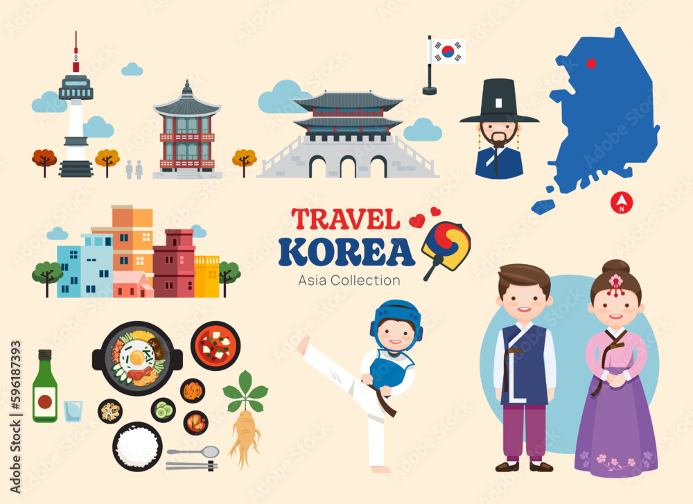 South Korea Flat icons set. Korean traditional travel map and landmarks ...