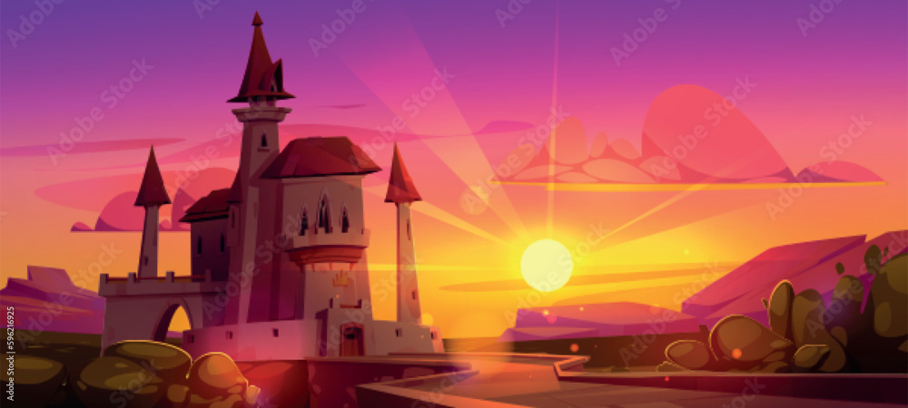 Medieval Europe tower castle with bridge on sunset cartoon background ...