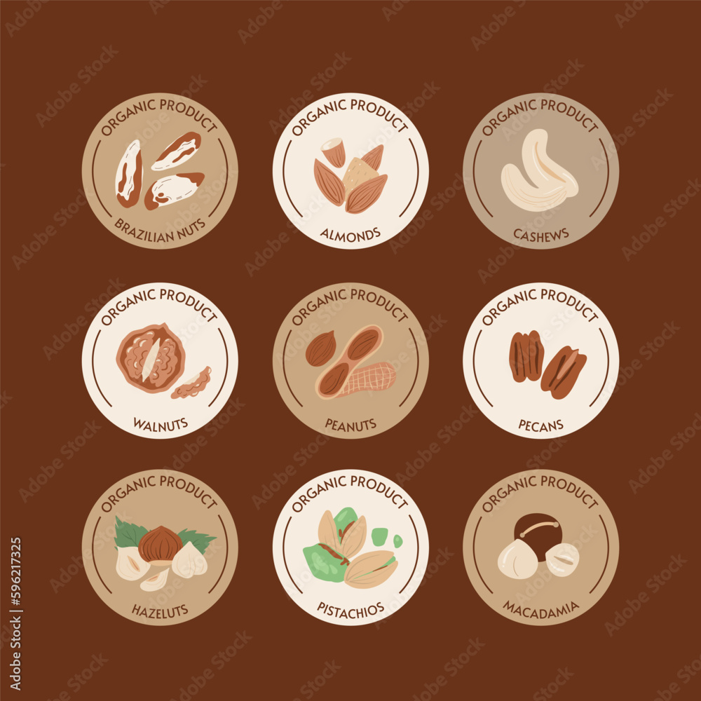 Packaging label for nuts. Vector set of round stickers. Craft paper ...