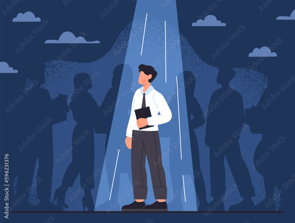 Chosen candidate concept. Man in suit with notebook stands in beam of ...