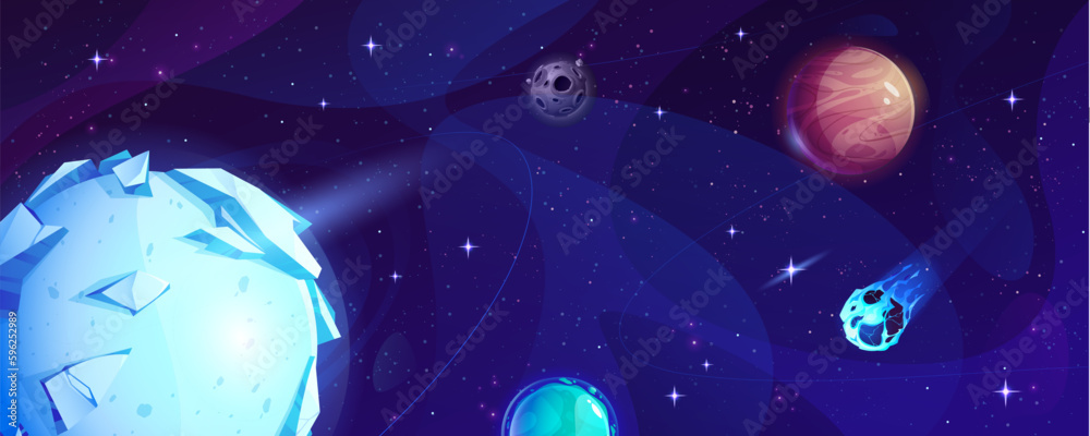 Cartoon space universe background with planet. Galaxy with meteorite ...