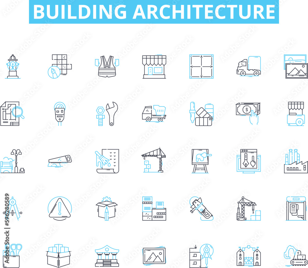 Building architecture linear icons set. Skyscraper, Blueprint, Facade, Columns, Foundations ...