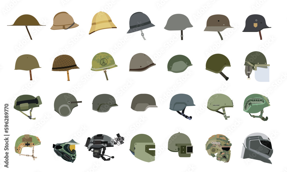 Vector illustration of old and modern Military helmets. Helmets of ...