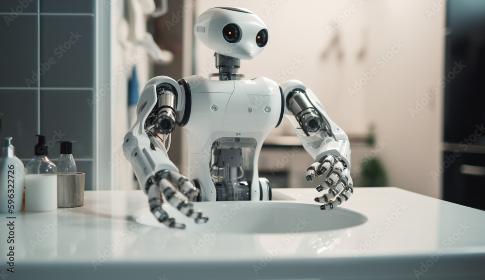 AI chatbot robot assistant sitting at desk using computer as artificial ...