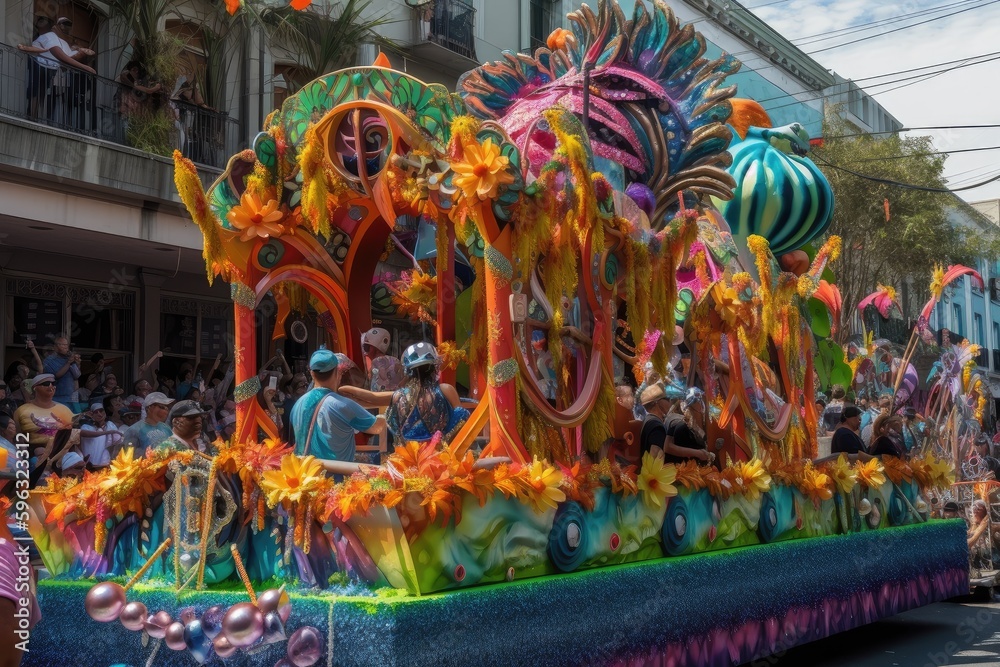 mardi gras parade, with a colorful and elaborate float passing by ...
