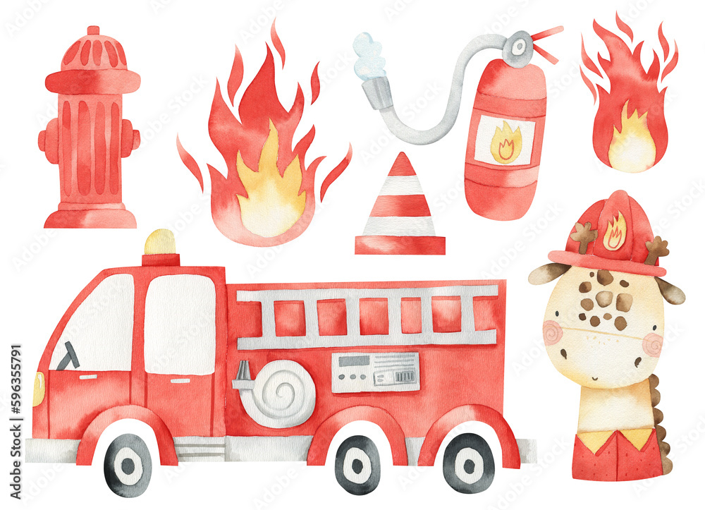 Set of watercolor cliparts fireman giraffe, fire truck, fire, hydrant ...