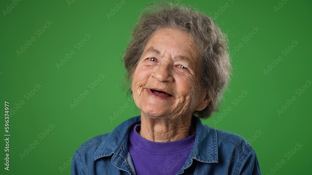 Closeup portrait of smiling happy toothless elderly senior old woman ...